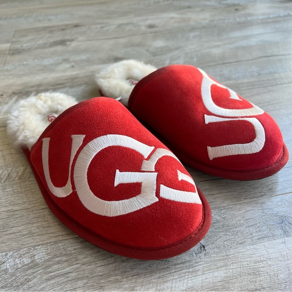 UGG | Shoes | New Ugg Scuff Logo Red Suede Wool Slippers | Poshmark